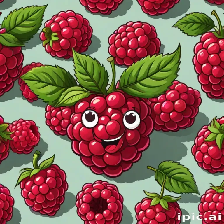 Cheerful Cartoon Raspberries with Faces and Green Leaves on Light ...