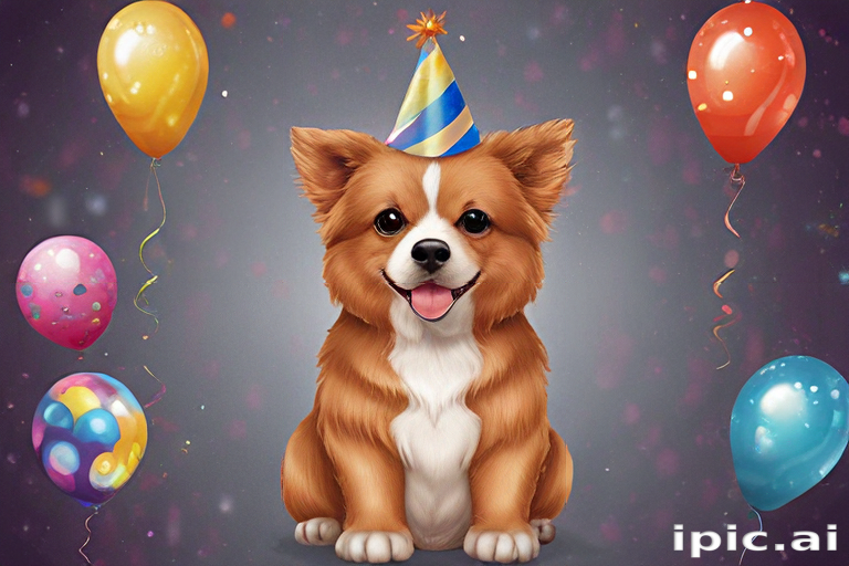 Adorable Party Dog Celebrating with Colorful Balloons and a Birthday Hat