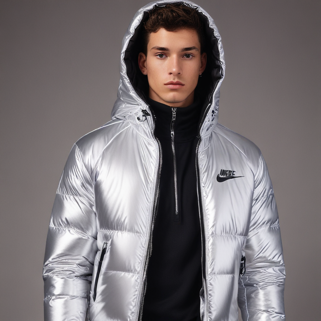 Male supermodel nike shiny puffer jacket bling jewellery hood sporty