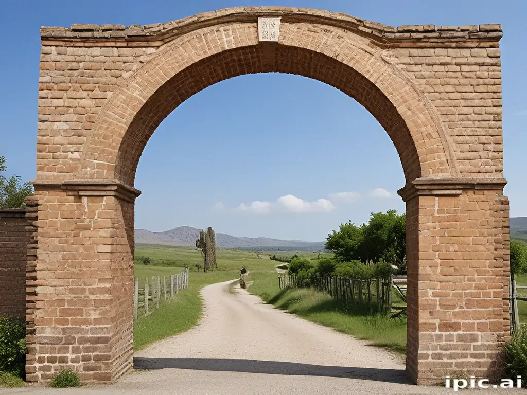 Scenic View Through a Historic Brick Archway Leading to a Country Road