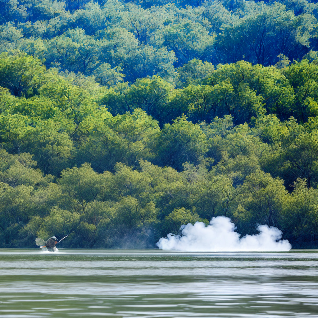 Yeti smoking a cigar reeling in a fish at a lake