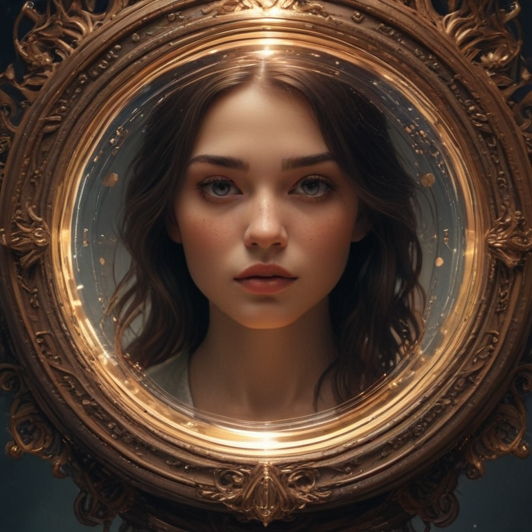 A Portrait of Reflection: A Young Woman Framed by an Ornate Mirror