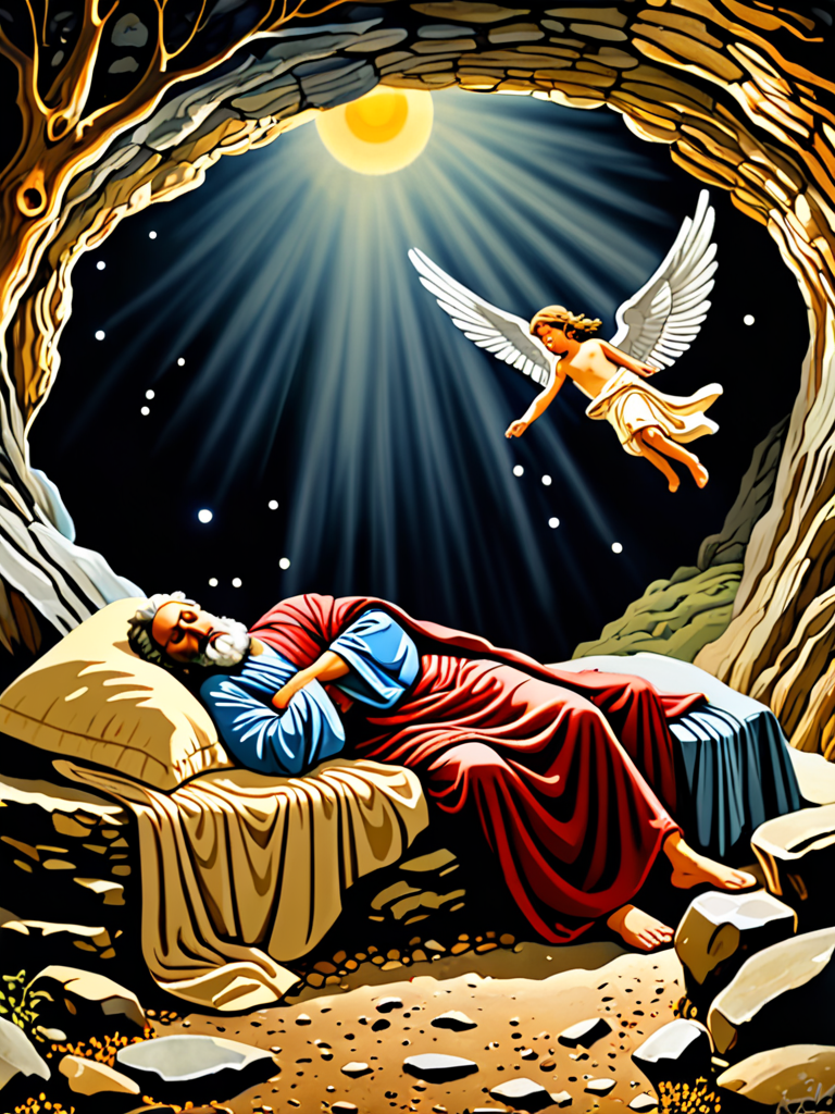 prophet Elijah sleeping in a cave being watched by an angel