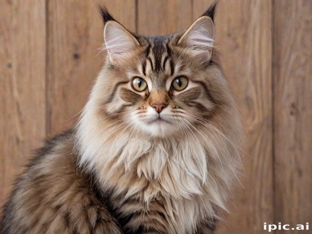 A Majestic Maine Coon Cat Posing Elegantly Against a Wooden Background