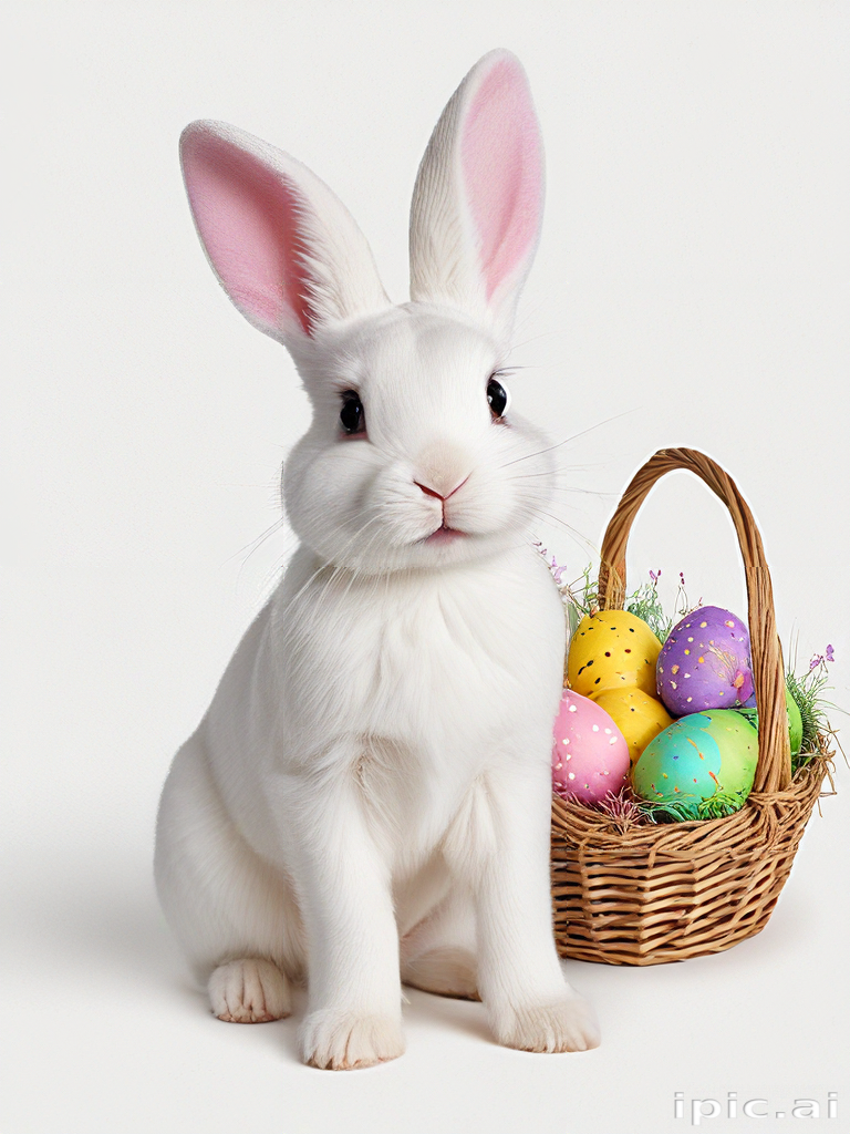 Adorable White Bunny Sitting Next to a Colorful Easter Egg Basket.