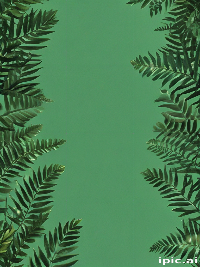 Fresh Green Fern Leaves Framing a Vibrant Solid Green Background