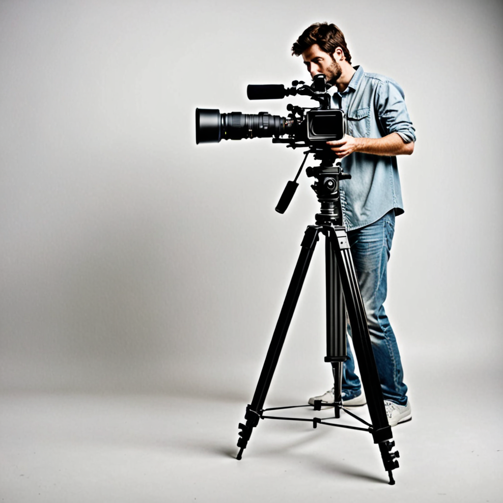 full body side view silhouette of a single cinematographer looking thru ...