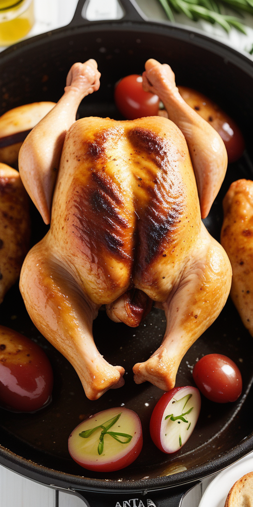 Perfectly Roasted Chicken Surrounded by Fresh Vegetables and Herbs in a Pan