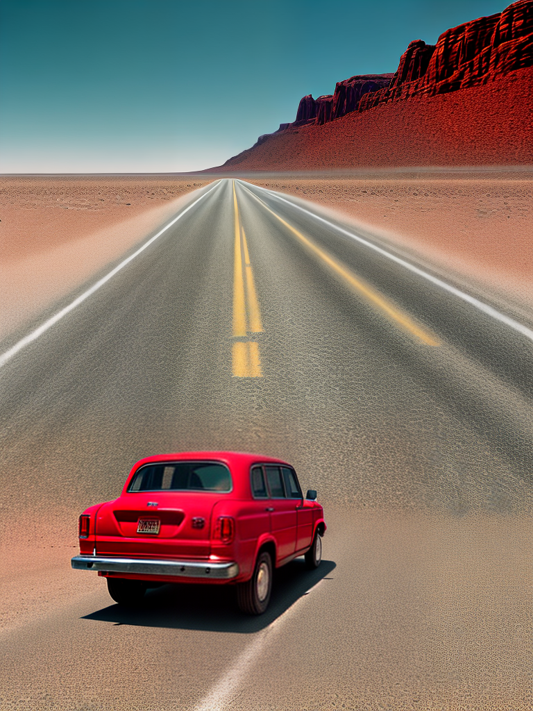 red car running street desert, ultra realistic image blurred background