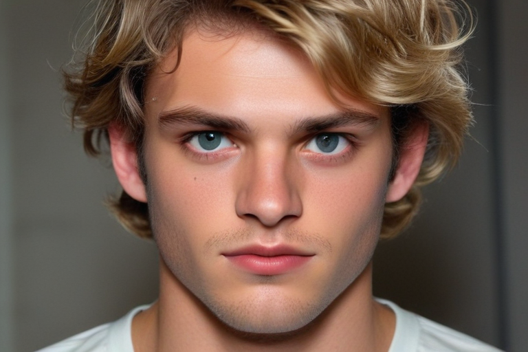 medium height, stocky build, ashy blond hair that falls in waves over ...