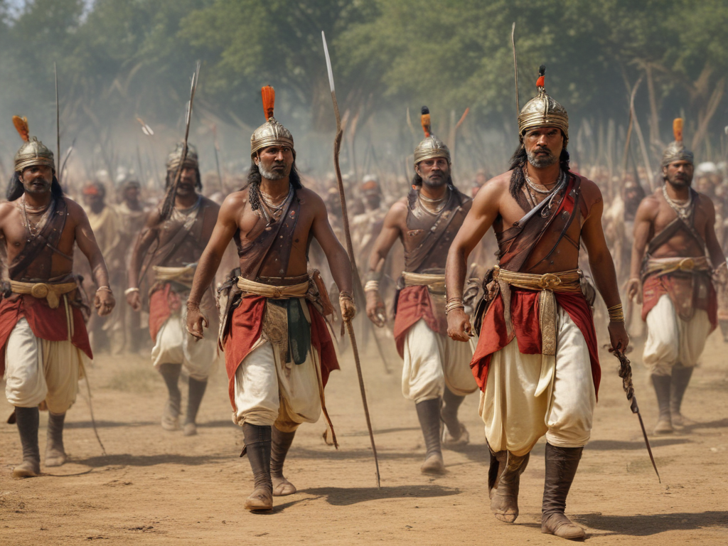 Ancient indian army with sticks and swords