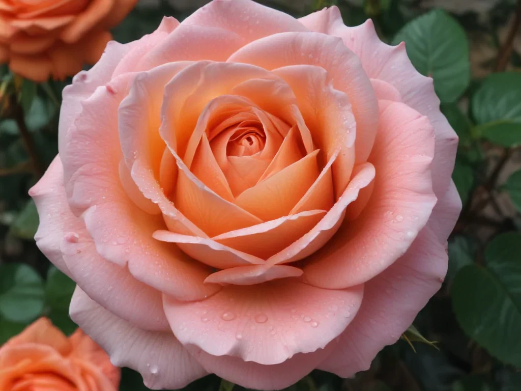 Beautiful Peach Rose with Dewdrops Glimmering in Morning Light
