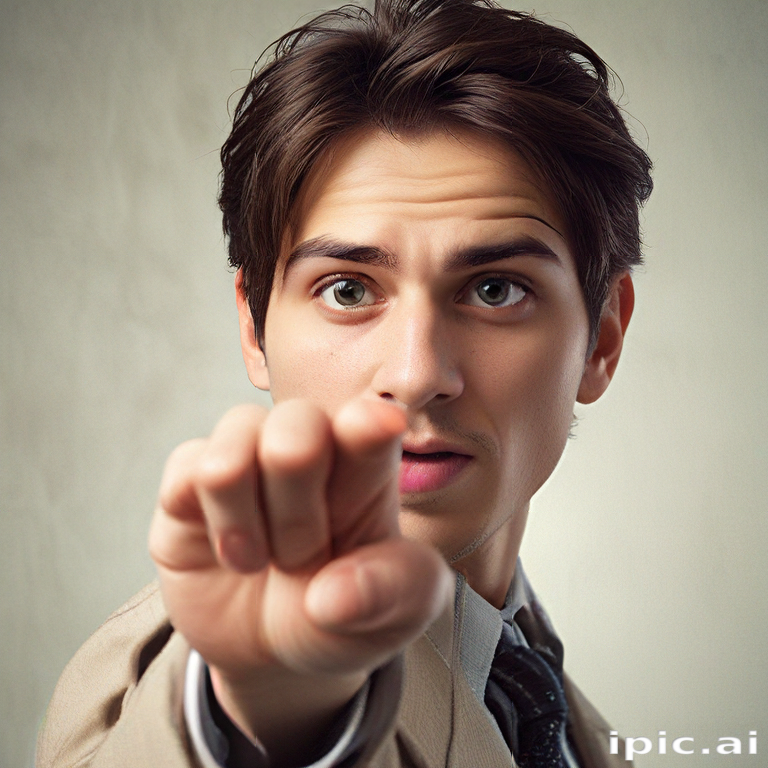 Young Man in a Suit Pointing Forward with Intense Expression and Focus