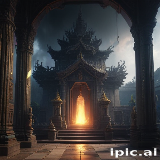 Mystical Temple Entrance Illuminated by a Radiant Golden Light at Dusk