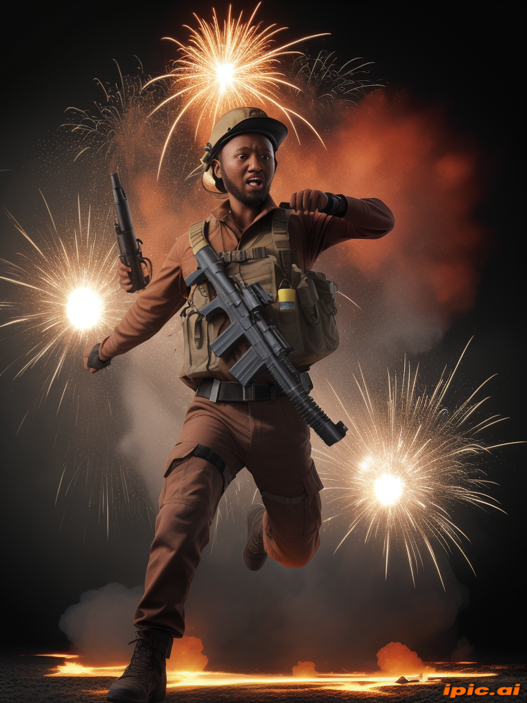 Heroic Soldier Running Through Explosions with Weapons in Hand