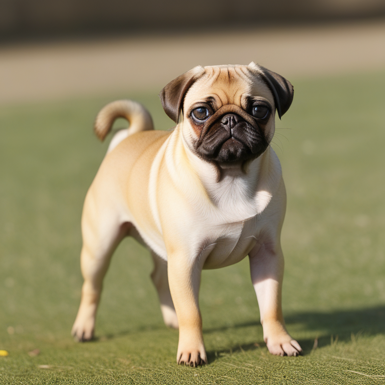 A Playful Pug Standing Proudly on a Sunny Green Lawn.