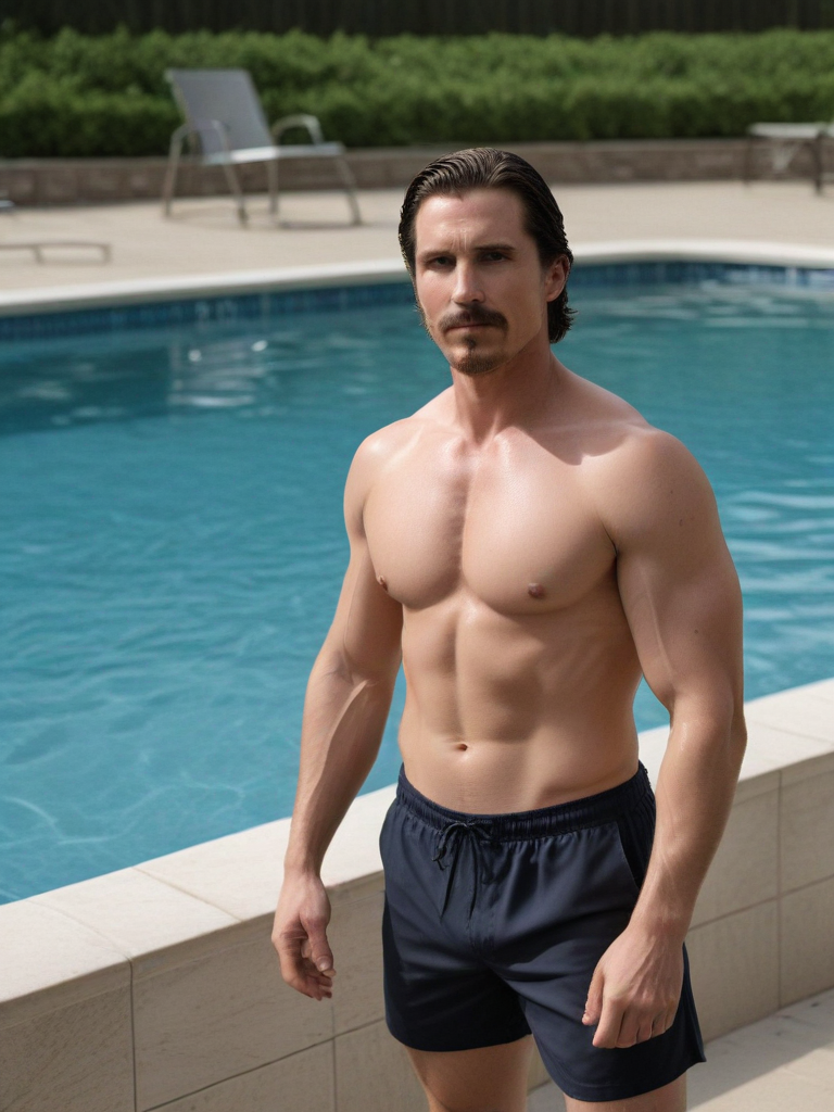Christian bale as bruce wayne,muscle, in swimming pool full body