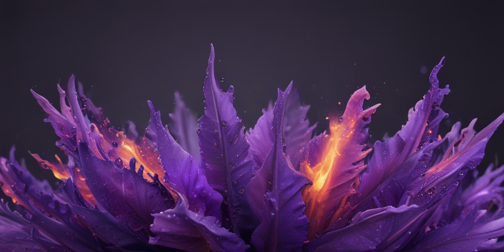 Radiant Purple Floral Explosion with Fiery Accents and Water Droplets