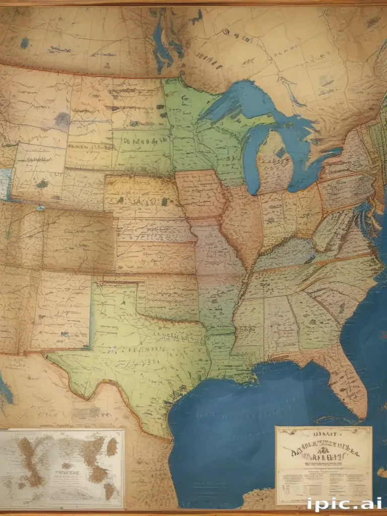 Historical Map of the United States Featuring States and Territories in ...