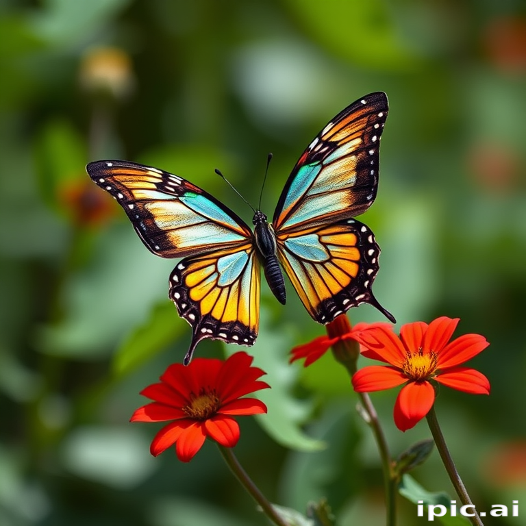 A Beautiful Monarch Butterfly Resting on Vibrant Red Flowers in Nature.