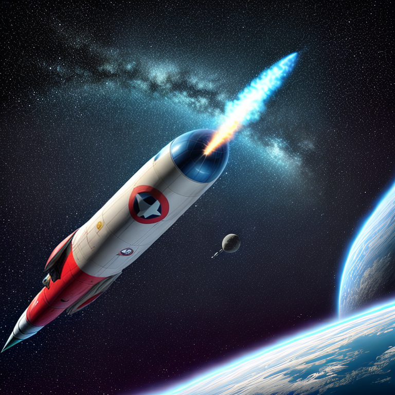 3d rocket blasting off in outer space