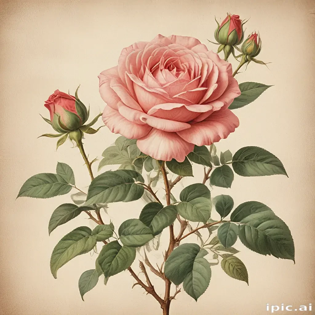 Beautiful Pink Rose with Buds Against a Soft Vintage Background