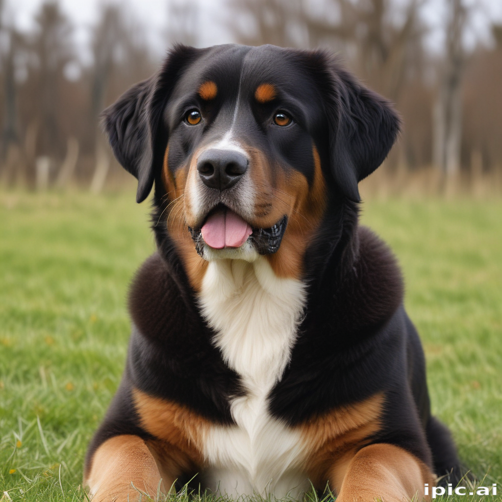 A Majestic Bernese Mountain Dog Relaxing on a Lush Green Field.