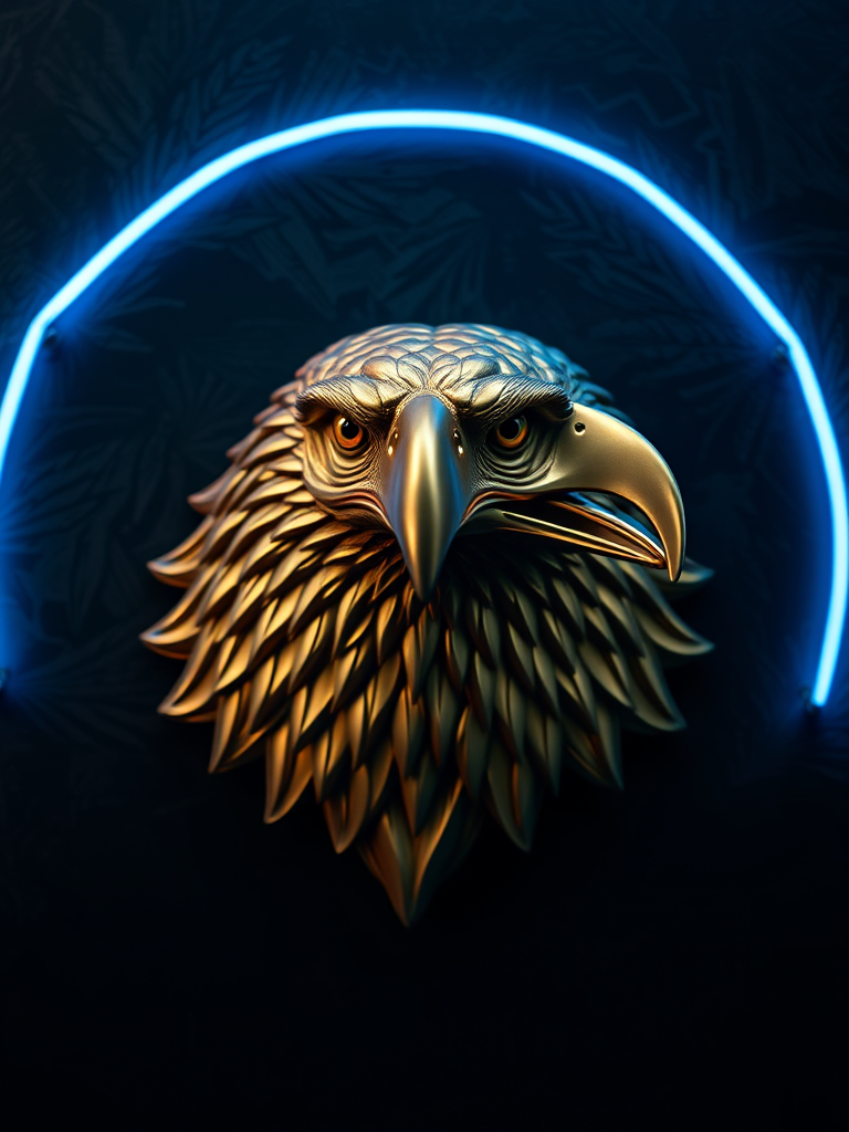 Stylized Golden Eagle Head with Vibrant Neon Light Background Design