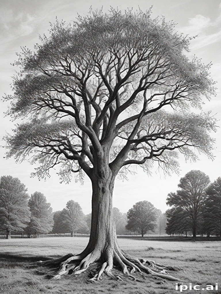 Majestic Black and White Tree Standing Tall Amidst Serene Landscape