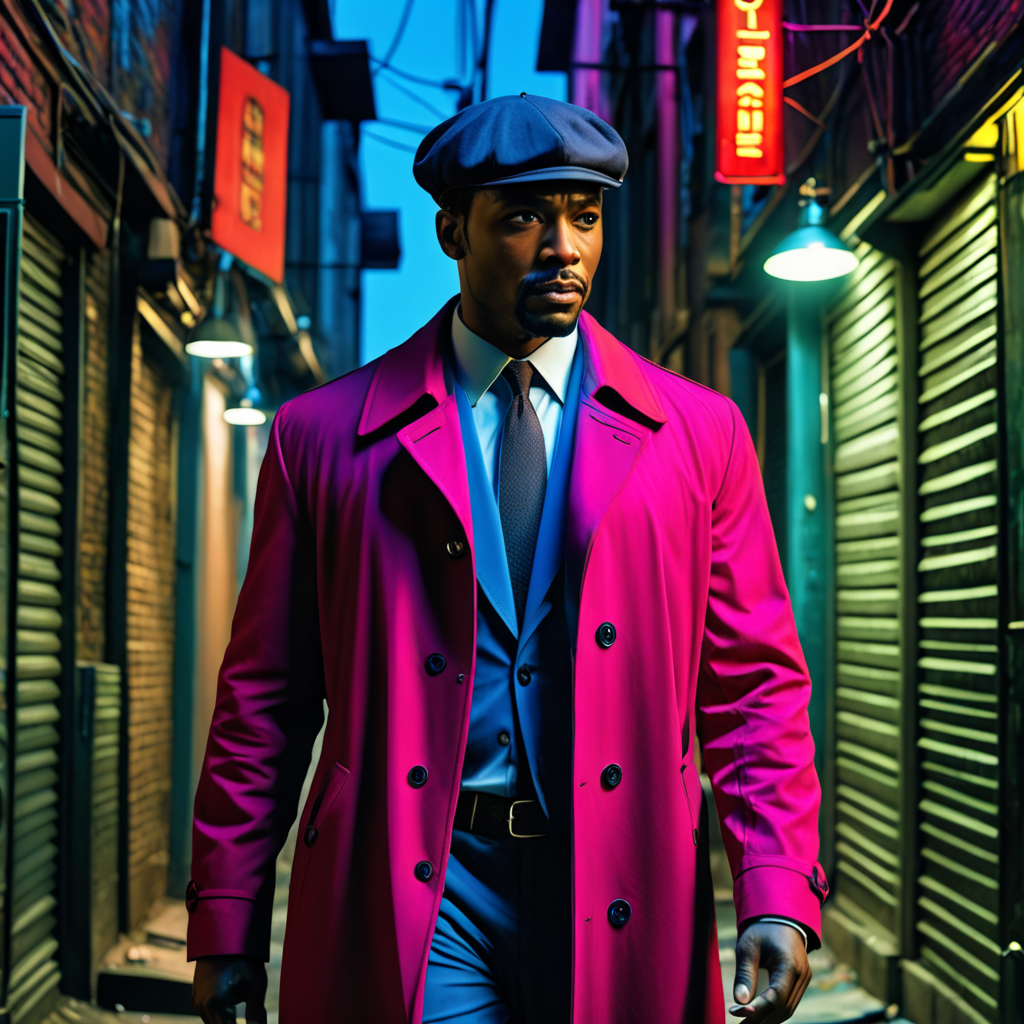 a futuristic male detective in a vibrant outfit investigates a ...