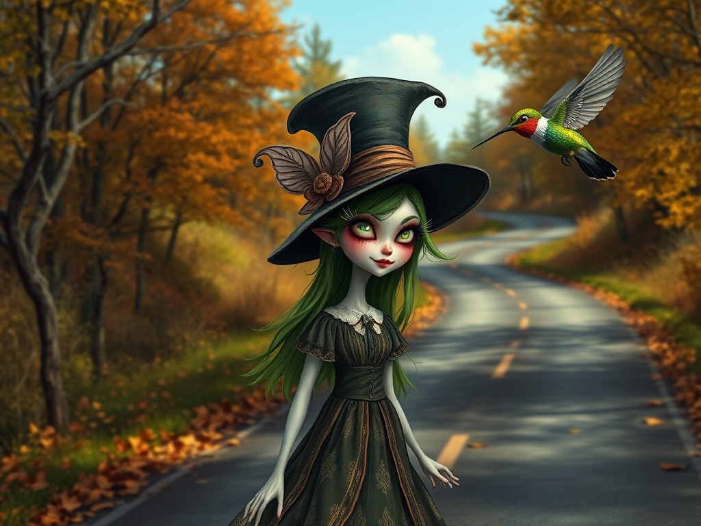 Enchanting Forest Witch with a Hummingbird on a Serene Autumn Road