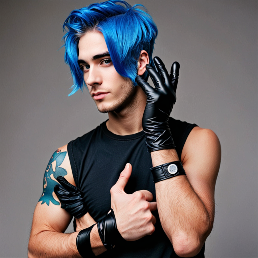 Handsome and slim emo guy with d blue hair and nitrile black gloves