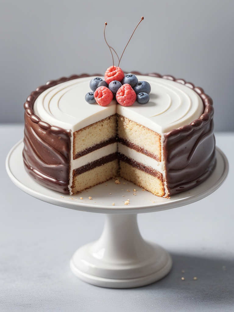 Deliciously Rich Chocolate Cake with Layers and Fresh Berries on Top