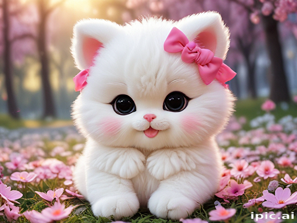 Adorable Fluffy White Kitten with Pink Bows Amidst Blooming Flowers