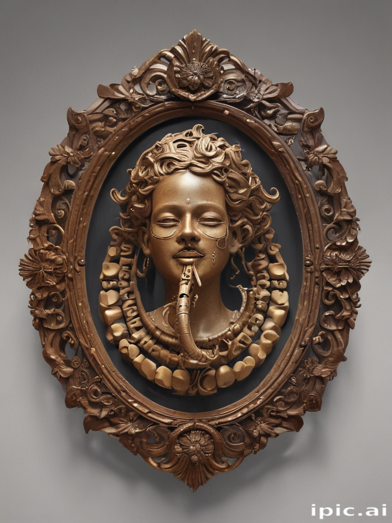 Intricate Bronze Sculpture of a Woman Playing a Musical Instrument in Frame