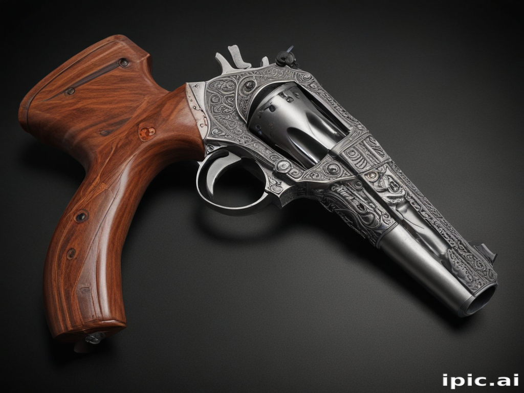 Intricately Designed Decorative Revolver with Ornate Details and Wooden ...