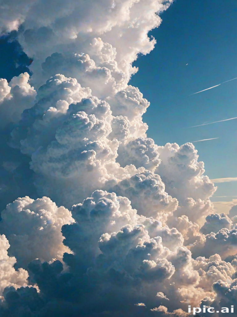Majestic Towering Clouds Illuminated by Golden Sunlight in Clear Blue Sky