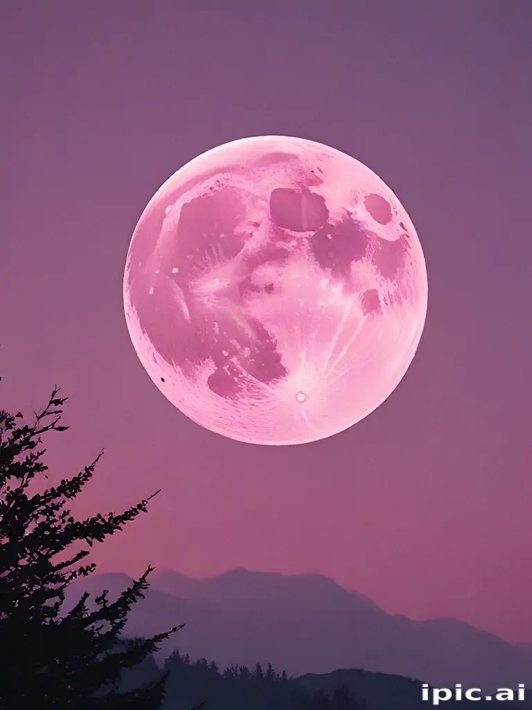 Stunning Pink Full Moon Illuminating a Serene Twilight Landscape at Dusk