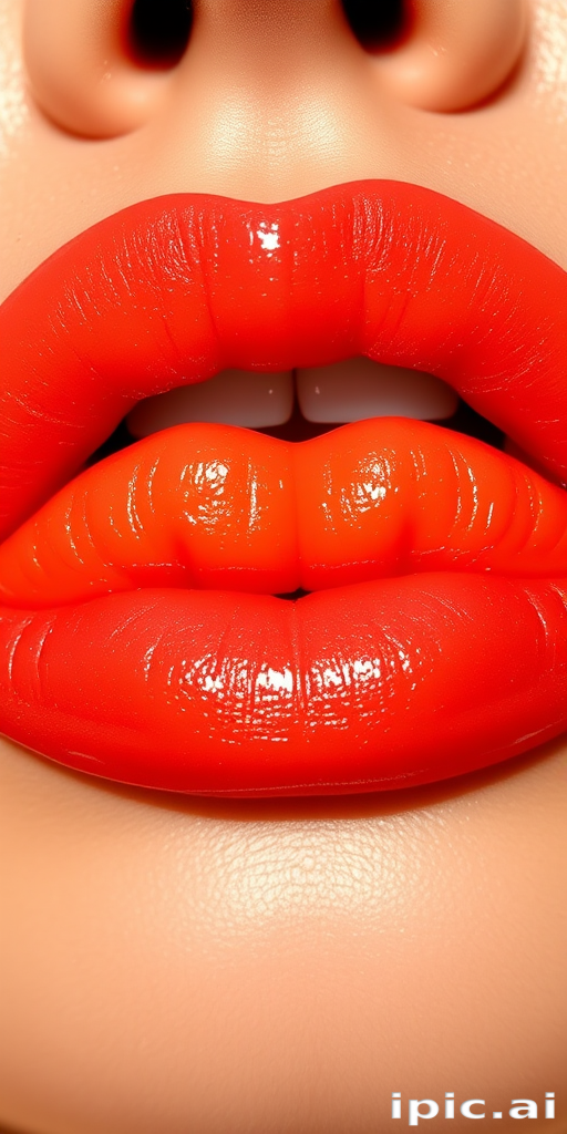 Close-Up of Glossy Orange Lips with Perfectly Aligned White Teeth