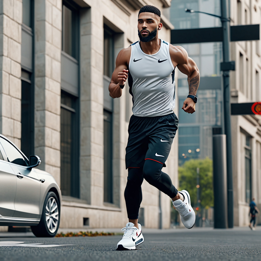white parallel hero running with Nike Air Max sneakers, cinematic movie ...