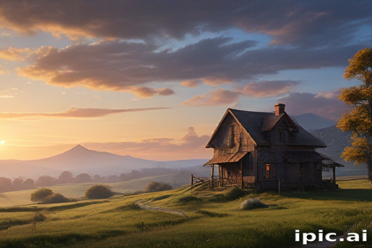 Charming Rustic Cabin Nestled in a Serene Mountain Landscape at Sunset