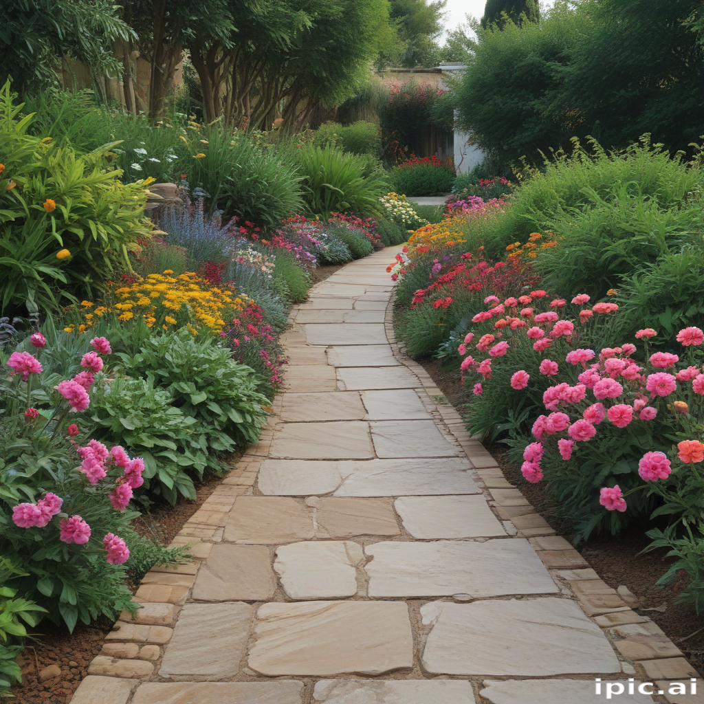 Beautiful Garden Pathway Surrounded by Vibrant Flowers and Lush Greenery