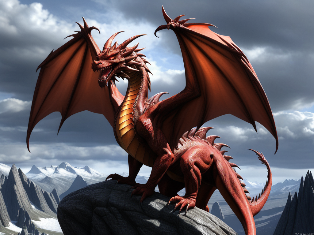 A Majestic Red Dragon perched on a Mountain Peak under Dramatic Skies.