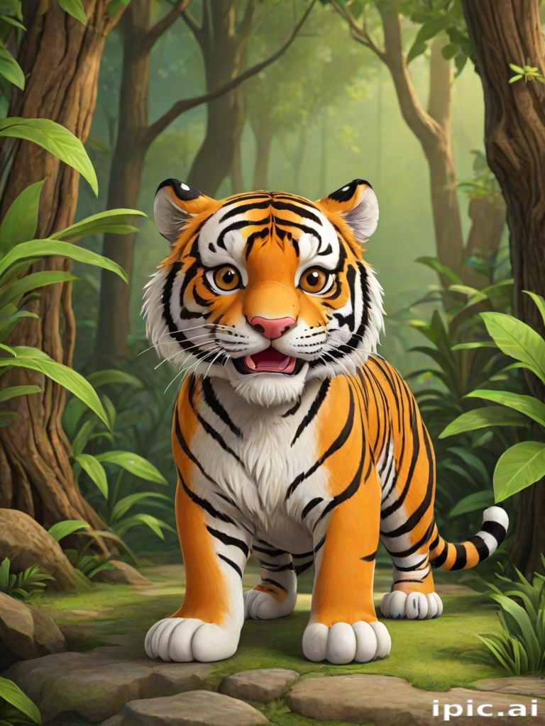 A Playful Cartoon Tiger Stands Cheerfully in a Lush Green Jungle.