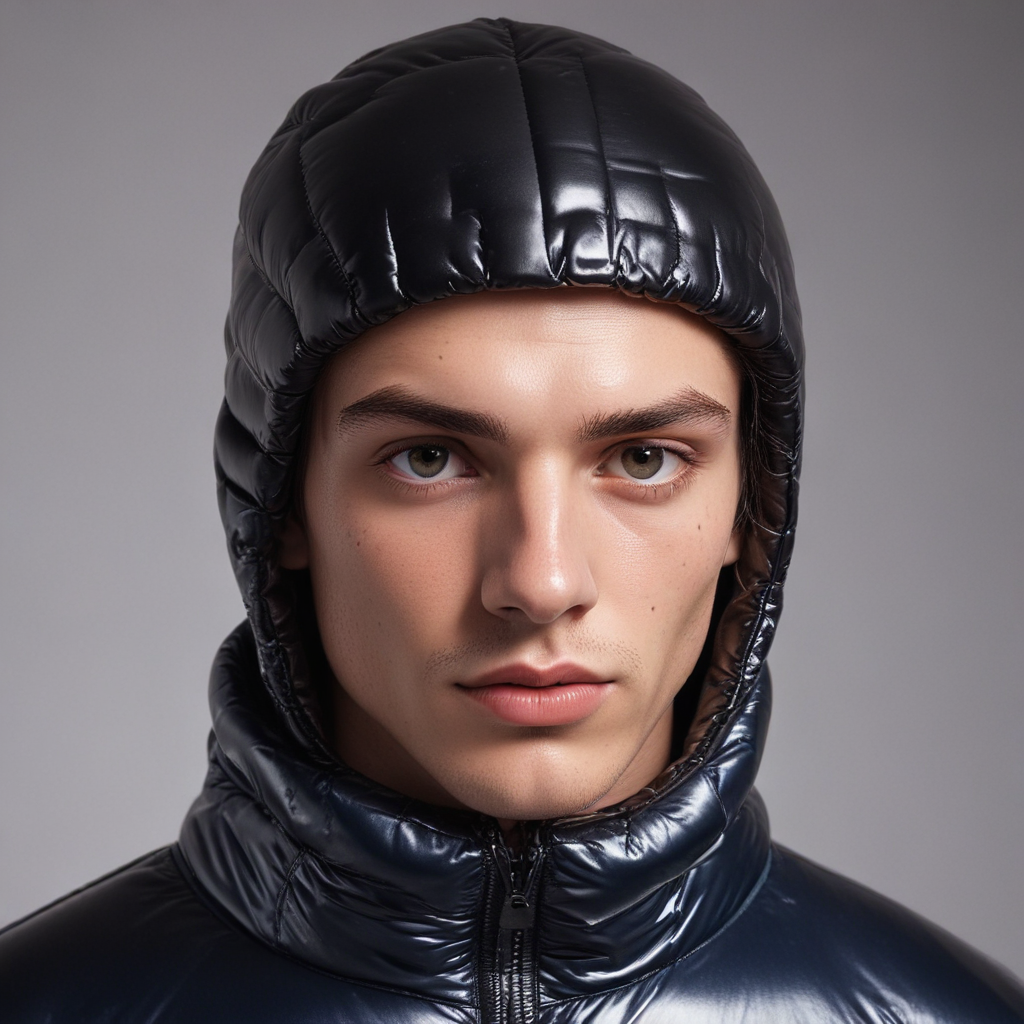 Male supermodel adidas shiny puffer jacket bling jewellery hood