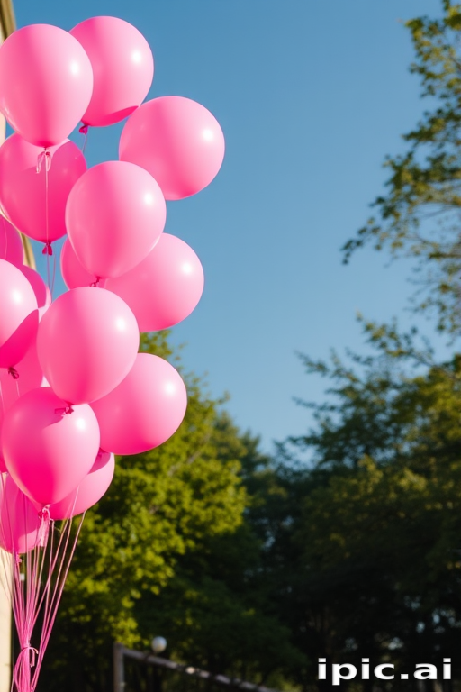 Colorful Pink Balloons Floating Against a Clear Blue Sky and Green Trees
