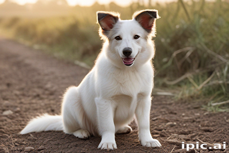 A Playful White Dog Sitting Happily on a Scenic Dirt Path.