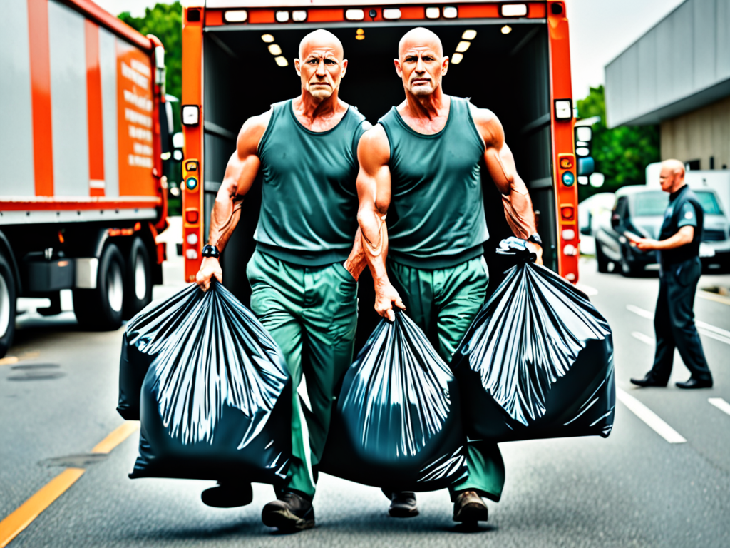 realistic handsome bald older muscular garbagemen from behind carrying ...