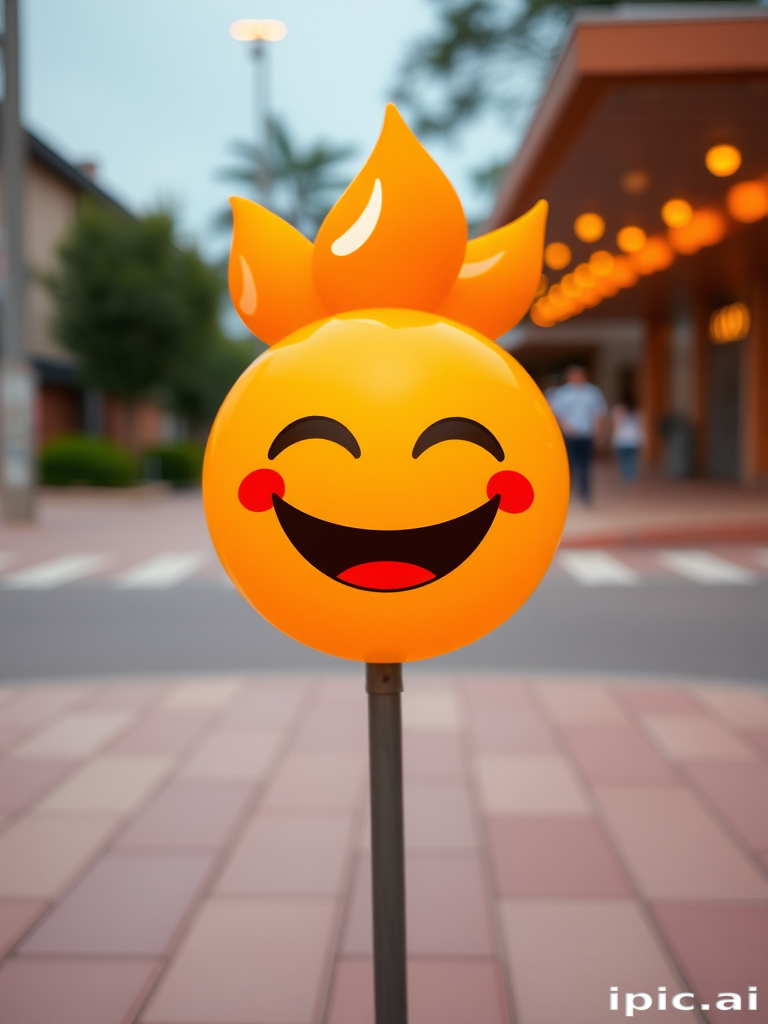 Cheerful Inflatable Emoji with Flame Top Brightens Up the Street Scene