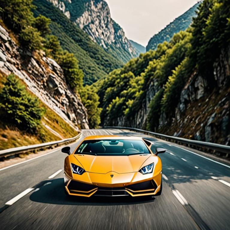 a muscular man with driving around the mountain on his Lamborghini